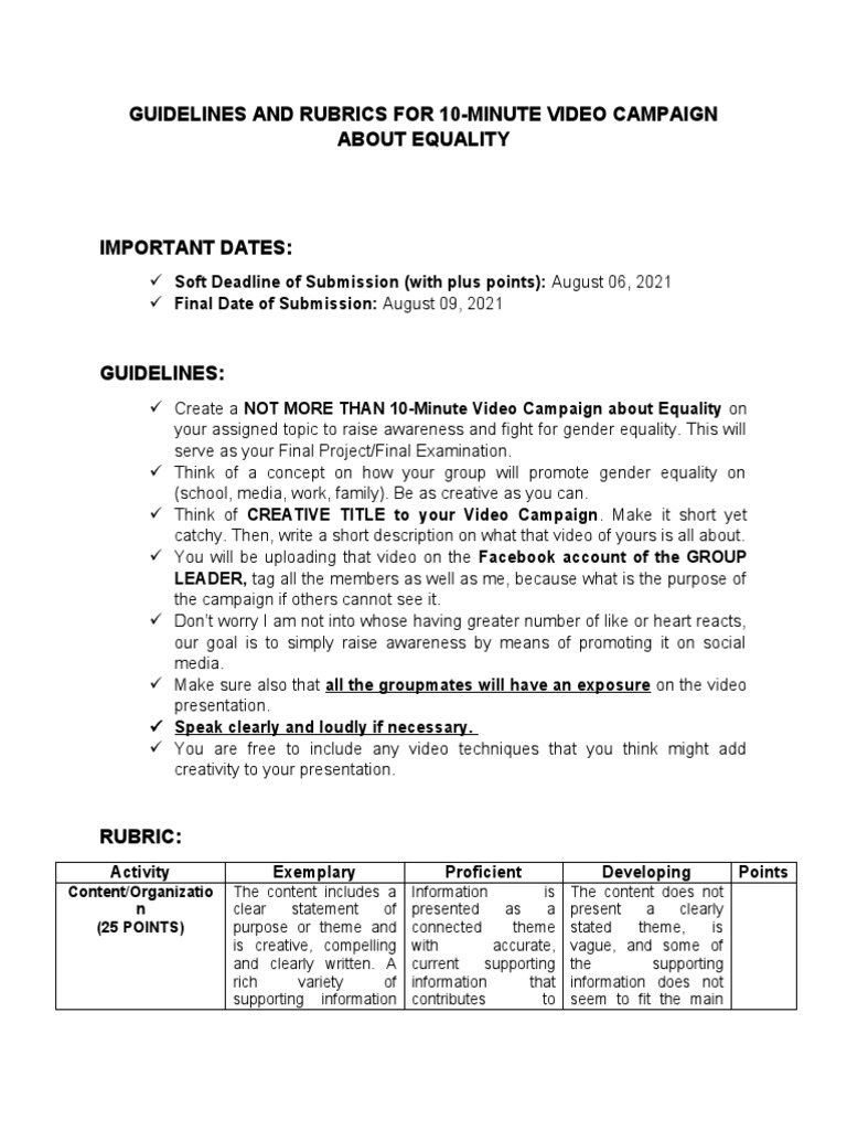 Guidelines and Rubrics For 10-Minute Video Campaign About Equality ...