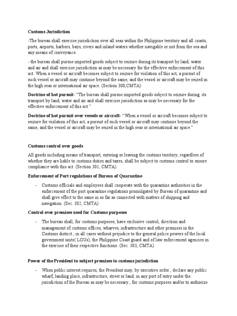 Customs Jurisdiction and Enforcement Powers of the Bureau of Customs ...