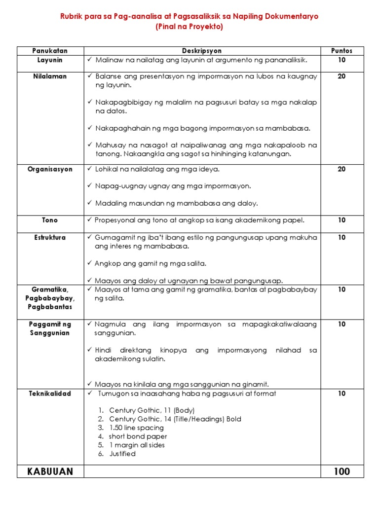 Rubrik para Sa Pag-Aanalisa at Pagsasaliksik Sa Napiling Dokumentaryo ...