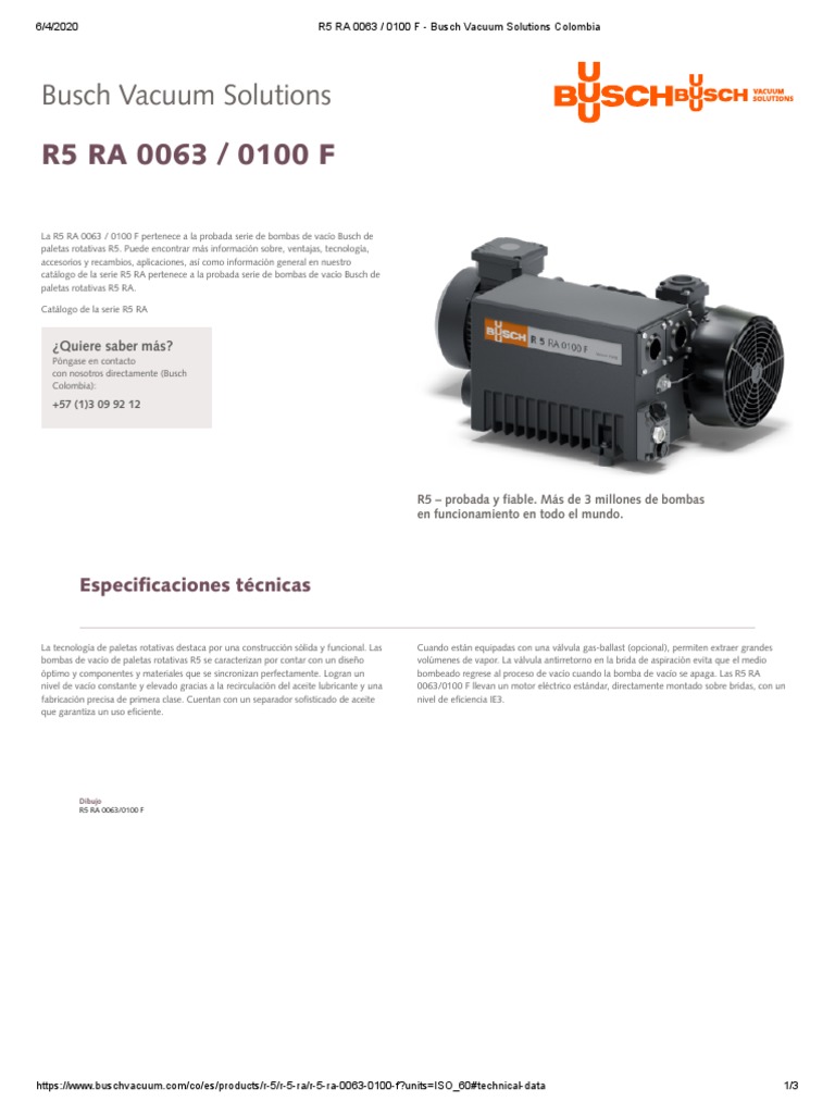 R5 RA 0063 - 0100 F - Busch Vacuum Solutions Colombia | PDF | Vacío