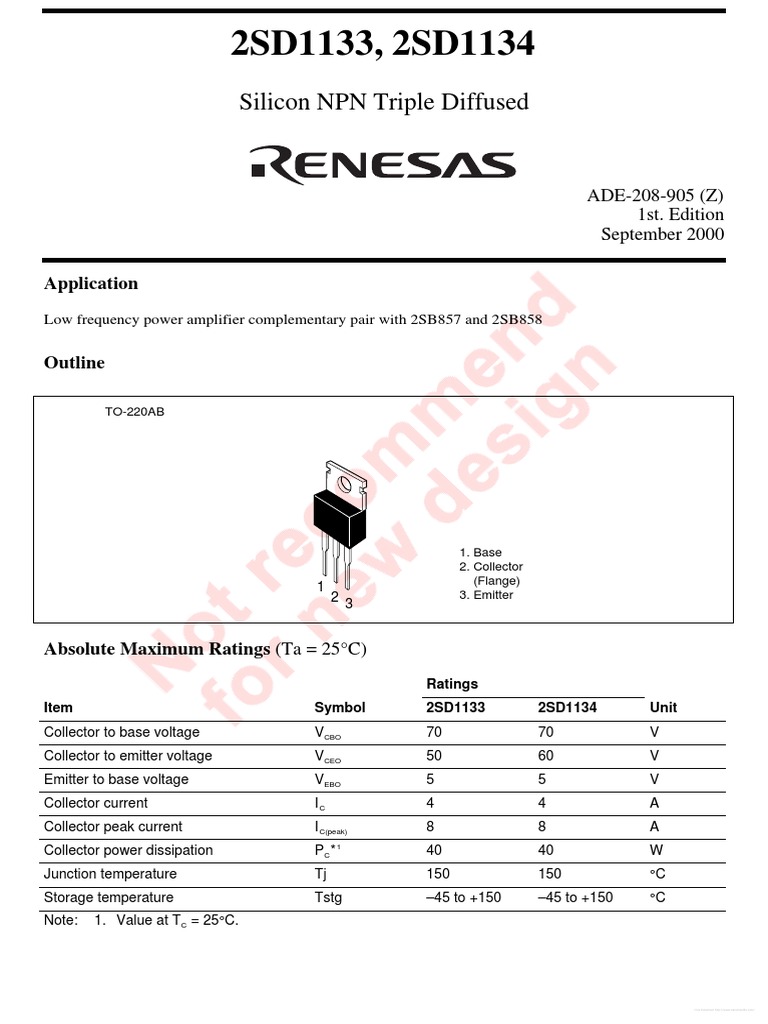 2SD1133, 2SD1134: Silicon NPN Triple Diffused | PDF | Bipolar Junction Transistor | Electronic ...