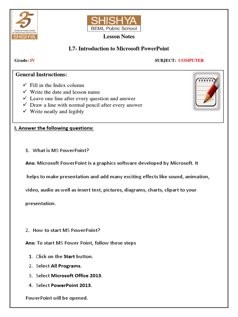 Lesson Notes L7-Introduction To Microsoft Powerpoint: Grade | PDF ...