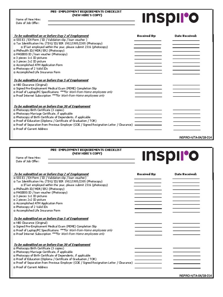 Pre-Employment Checklist | PDF