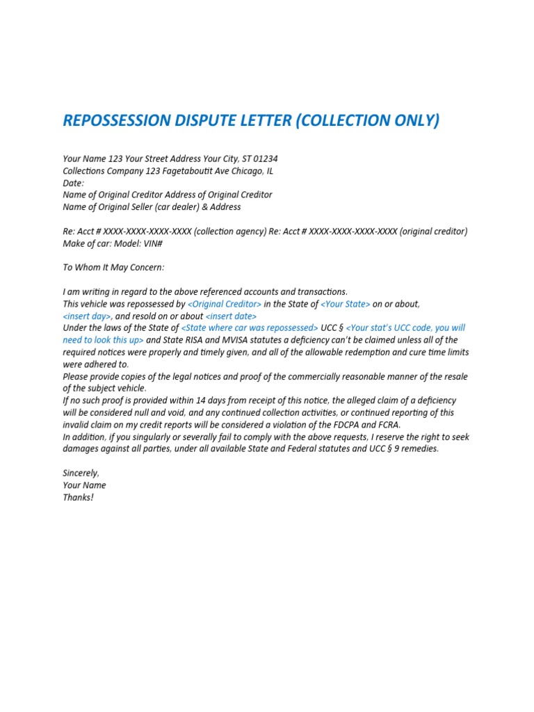 Repossession Dispute Letter (Collection Only) | PDF | Politics