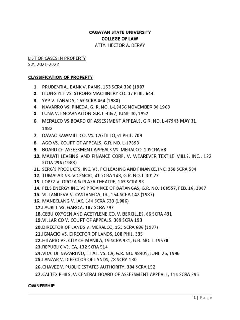 Atty. Hector A. Deray List of Cases in Property S.Y. 2021-2022 | PDF ...