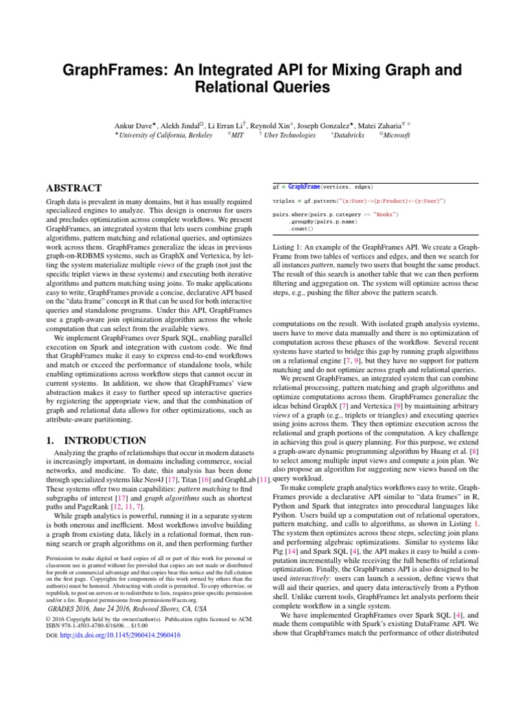 Graphframes: An Integrated Api For Mixing Graph and Relational Queries | PDF | Apache Spark ...