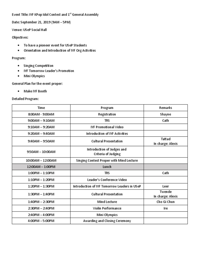 IYF-KPop-Idol-Contest-and-1st-General-Assembly-Outline Revised | PDF
