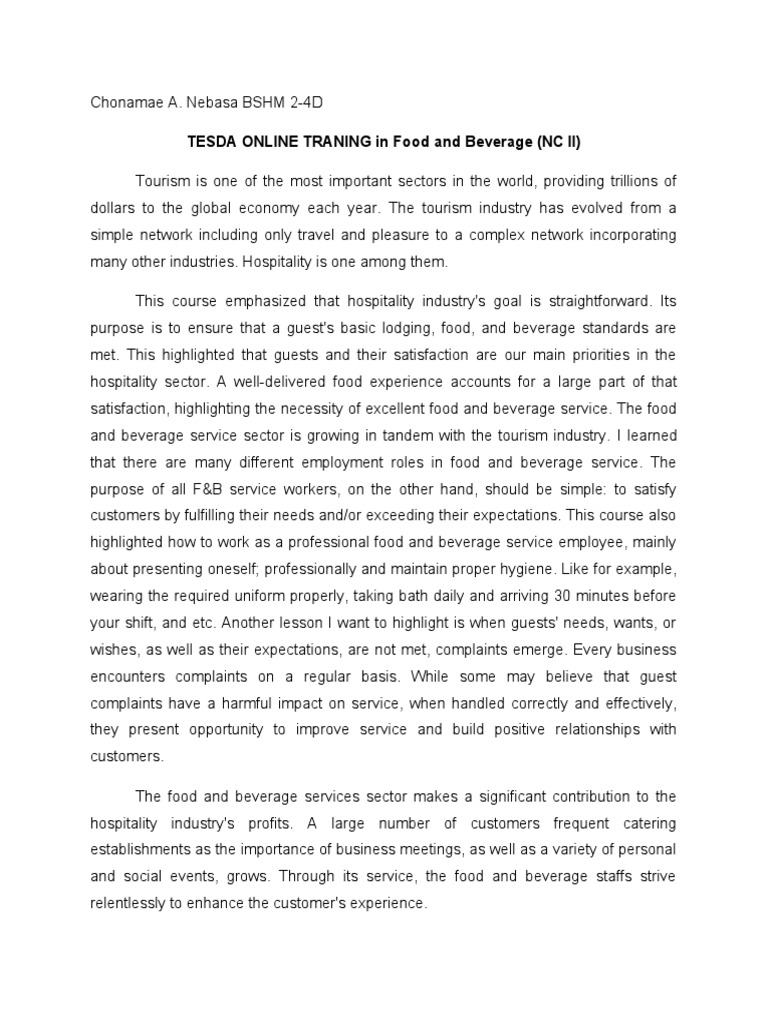 Reflection Paper - Food and Beverage | PDF