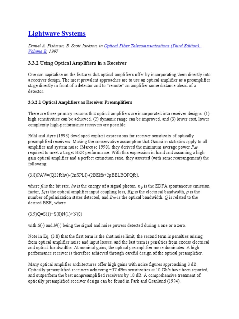 Lightwave Systems: 3.3.2 Using Optical Amplifiers in A Receiver | PDF | Amplifier | Signal To ...
