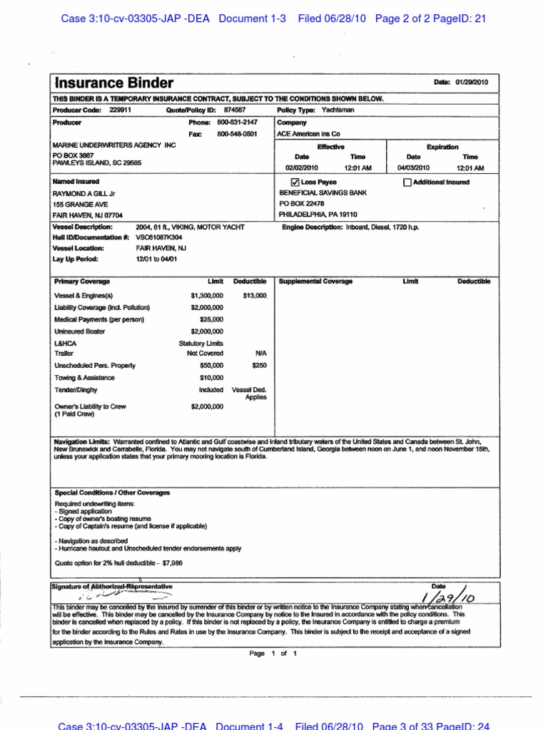 GILL v. ACE AMERICAN INSURANCE COMPANY Et Al Yachtsman Policy ...