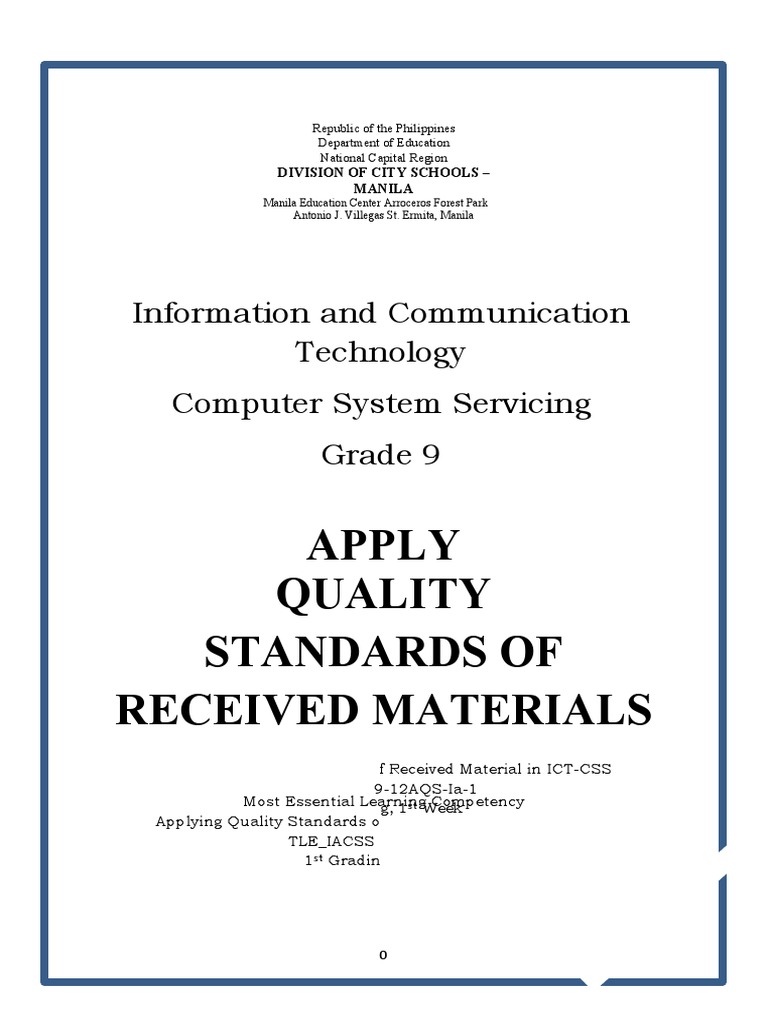 Apply Quality Standards of Received Materials: Information and ...