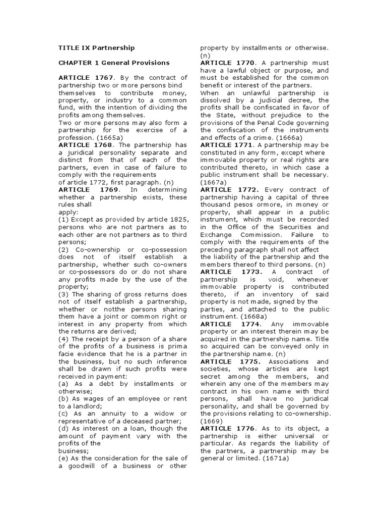 Partnership Under The Civil Code of The Philippines Codal Provisions | PDF | Partnership ...