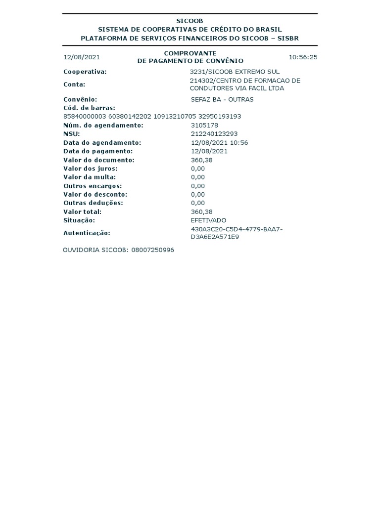 Sicoob Comprovante (12-08-2021 10-56-45) | PDF Sicoob Comprovante (12-08-2021 10-56-45) | PDF