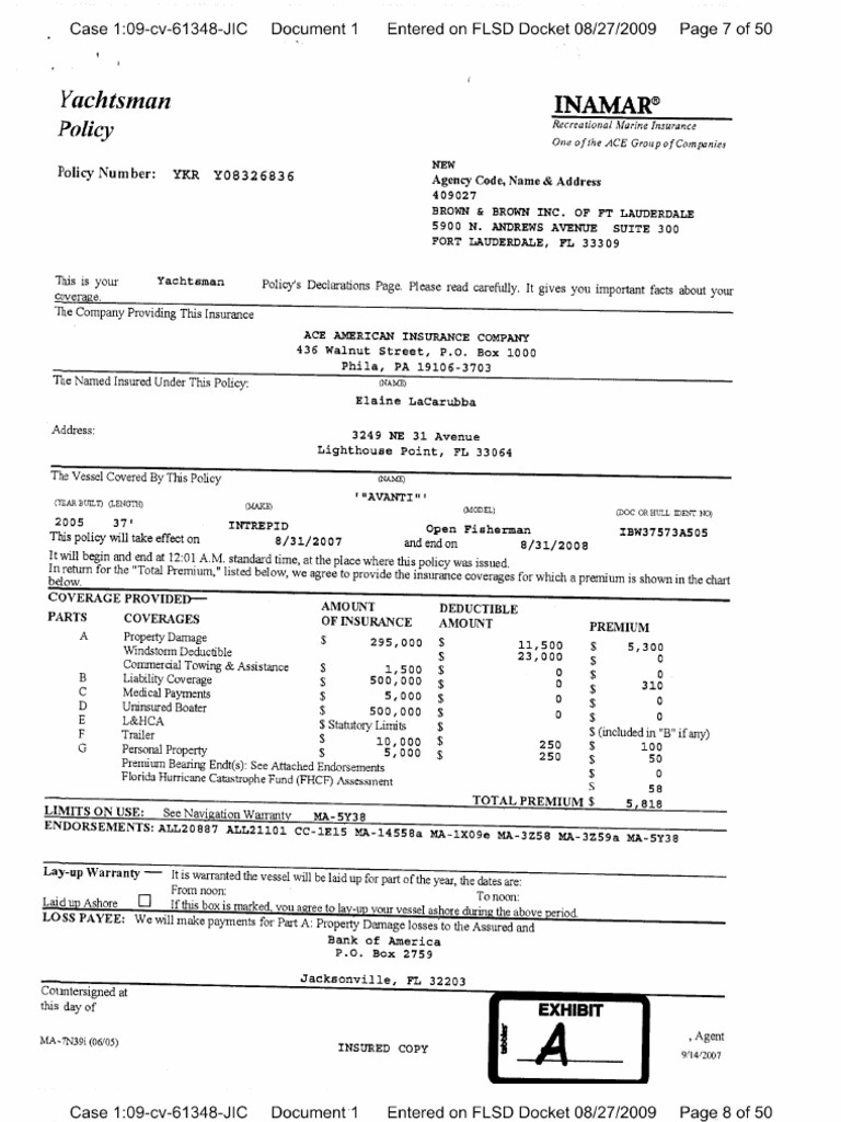 ACE AMERICAN INSURANCE COMPANY v. LACARUBBA Et Al Yachtsman Policy ...