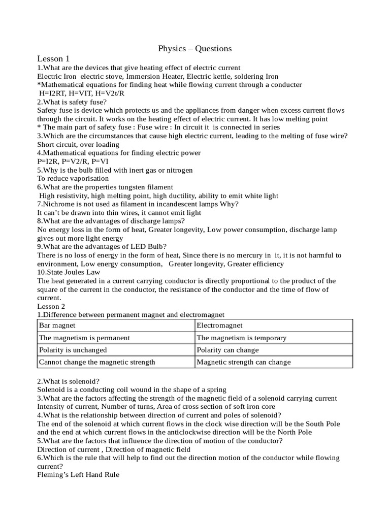 Physics - Questions Lesson 1 | PDF | Electromagnetic Induction | Inductor