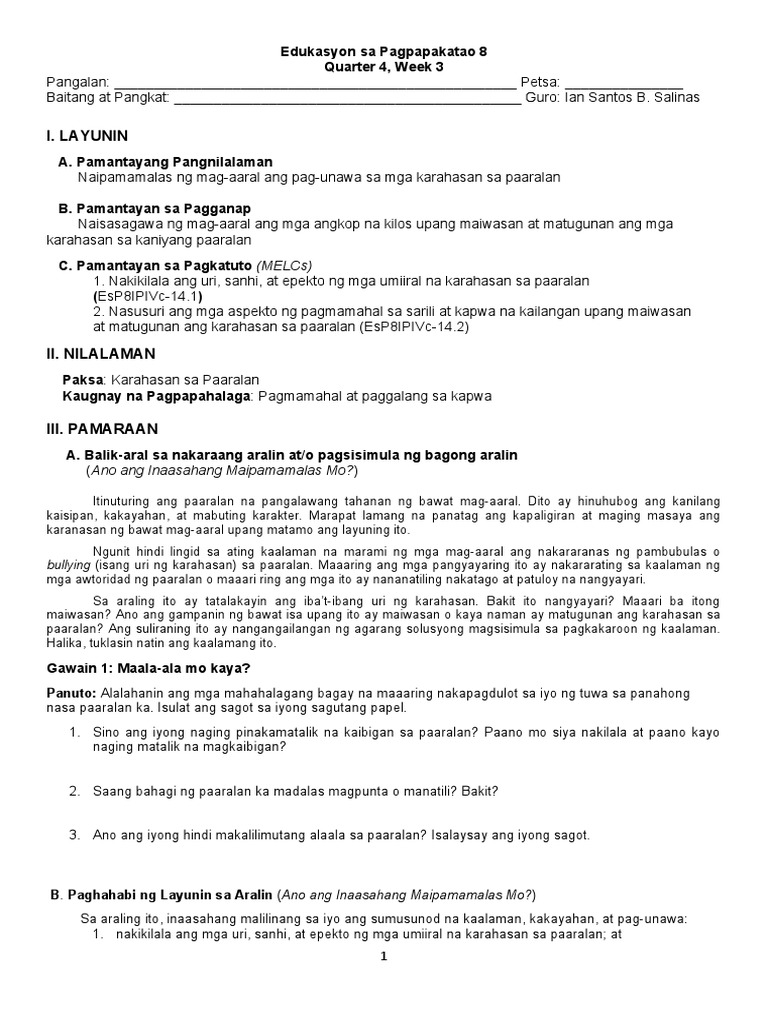 EsP 8 Q4 WEEK3 - SIPacks - CSFP | PDF