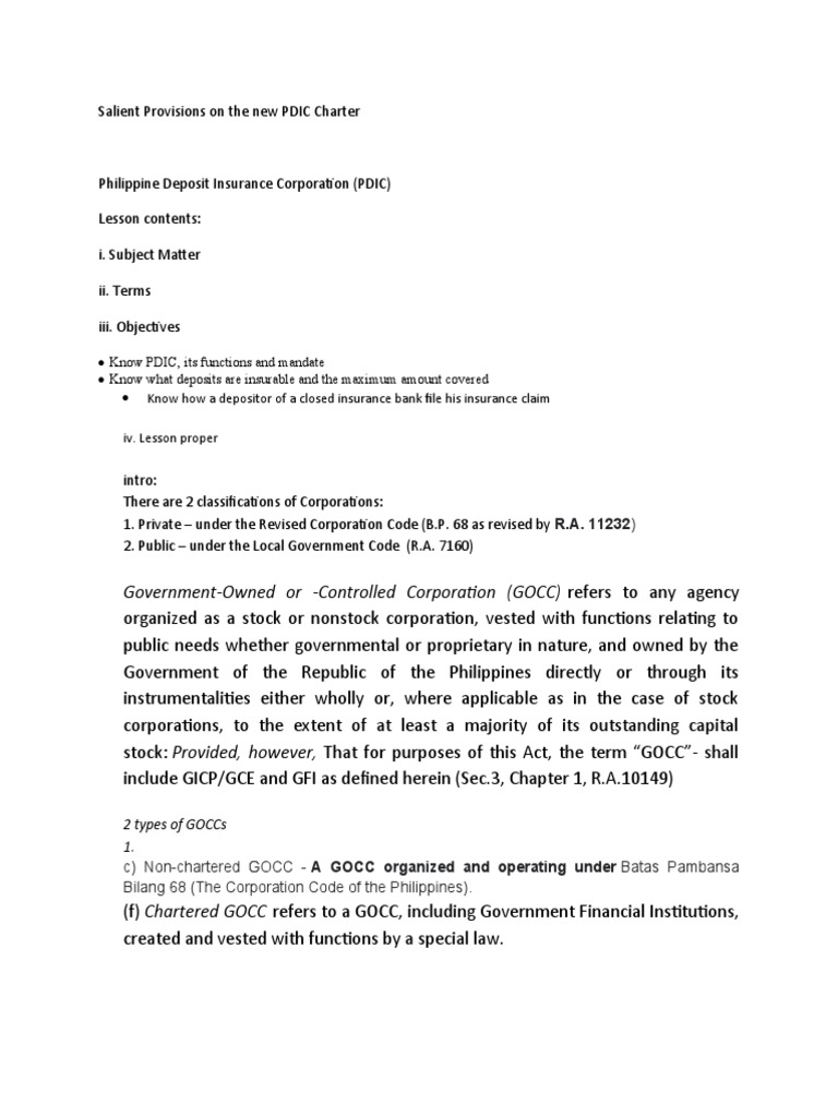 Salient Provisions On The New PDIC Charter | PDF | Banks | Deposit ...