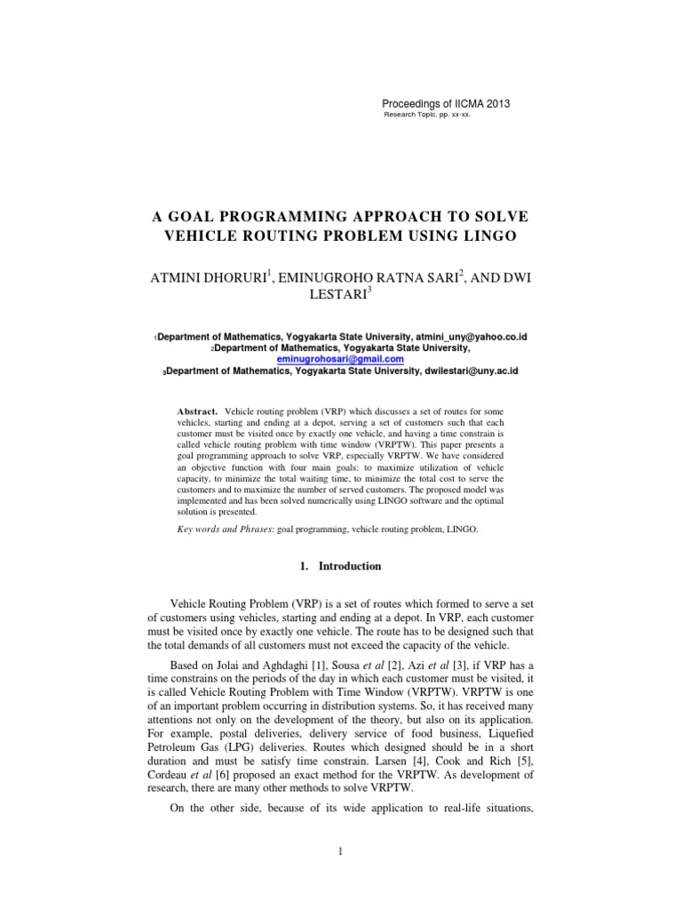 A Goal Programming Approach To Solve Vehicle Routing Problem Using ...
