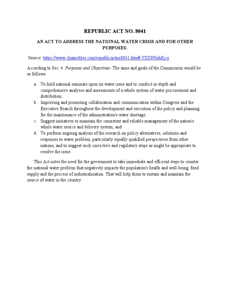 Republic Act No. 8041: An Act To Address The National Water Crisis and ...