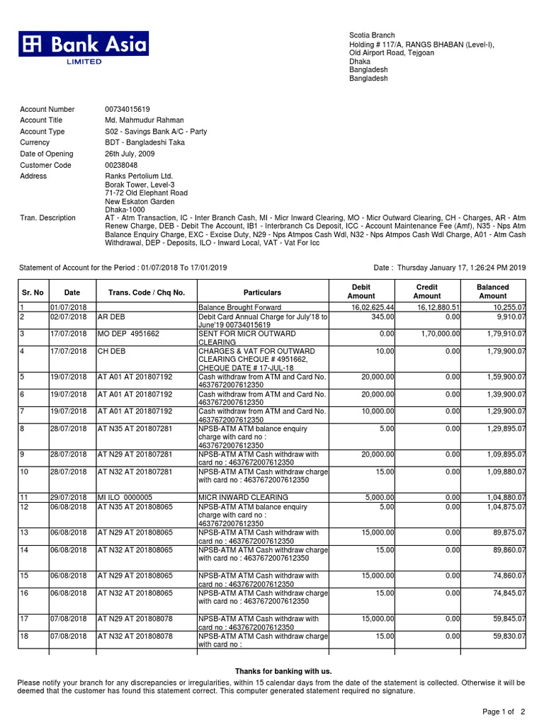 Bank Asia Statement 17 January 2019 | Download Free PDF | Debit Card ...