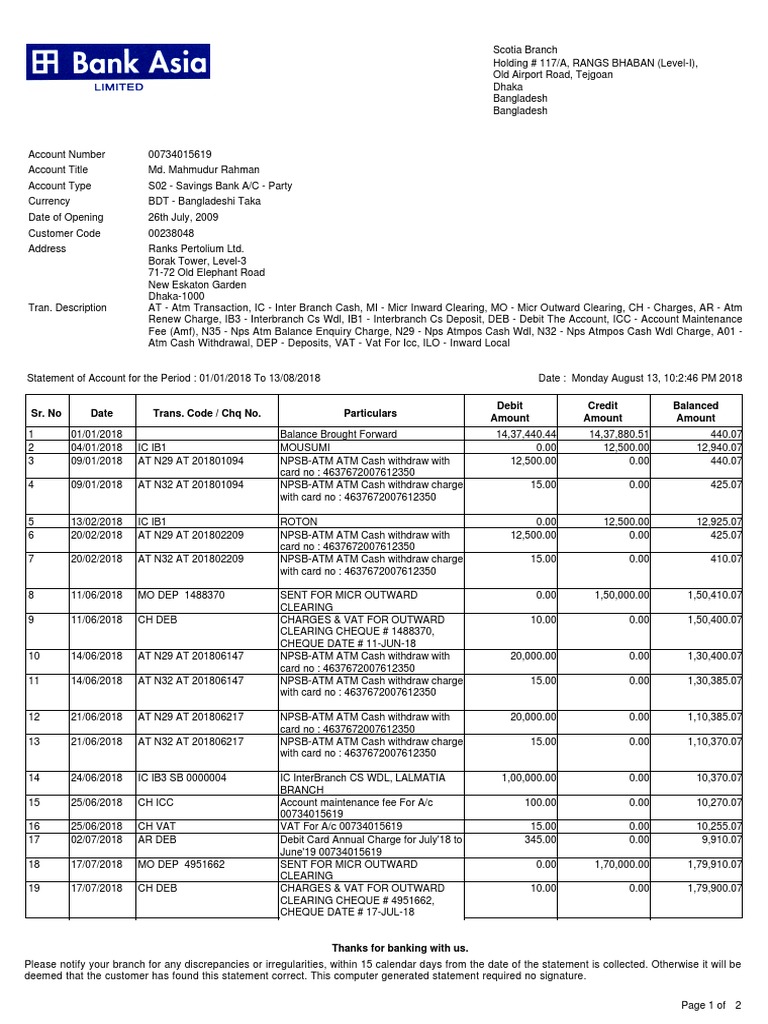 Bank Asia Statement 13 Augsut 2018 | PDF | Automated Teller Machine | Cheque