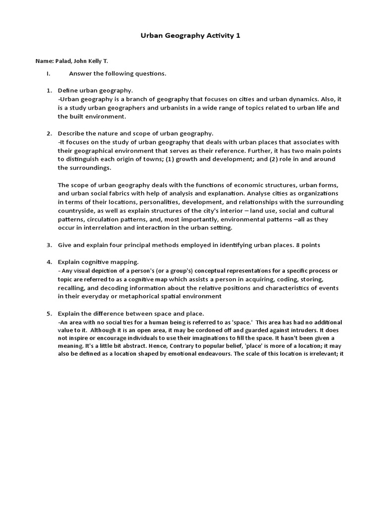 Urban Geography Activity 1 | PDF | Geography | Urban Geography
