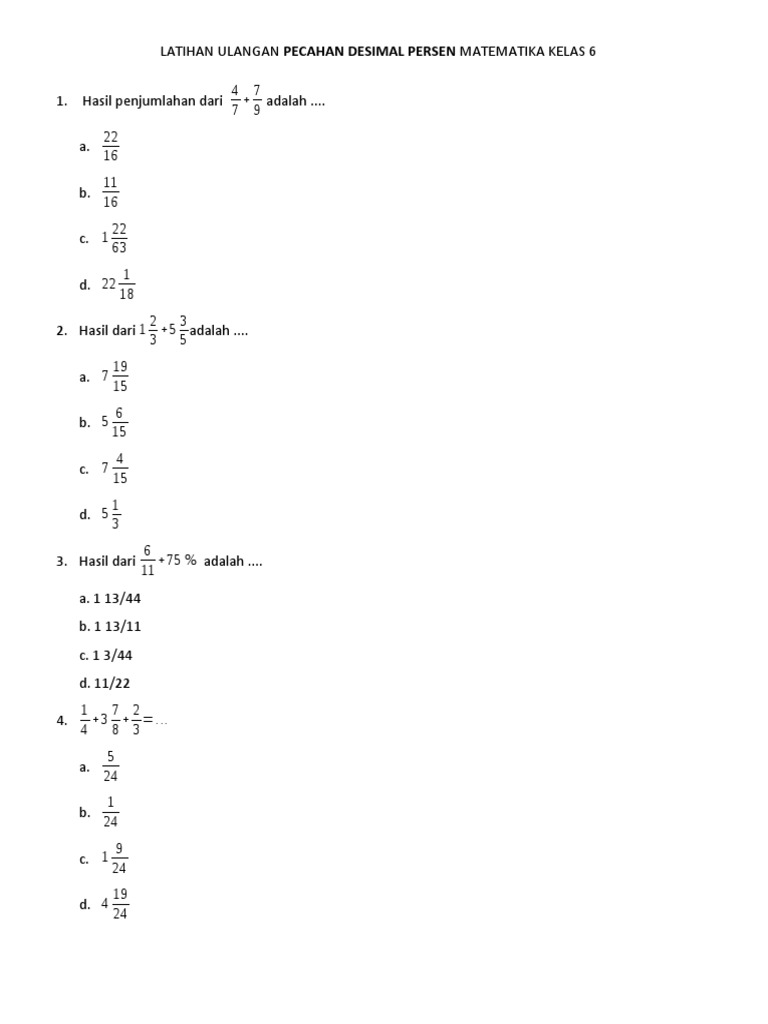 Latihan Ulangan Pecahan Desimal Persen Matematika Kelas 6 | PDF ...