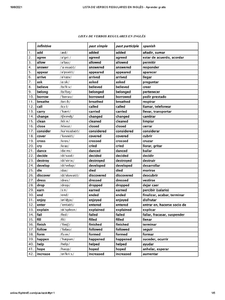 Lista de Verbos Regulares en Inglés | PDF