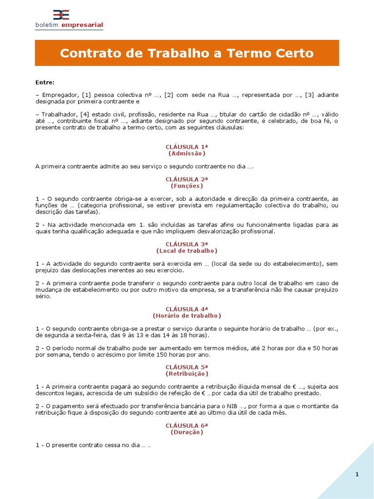 Contrato de Trabalho a Termo Certo | PDF | Férias trabalhistas | Economias