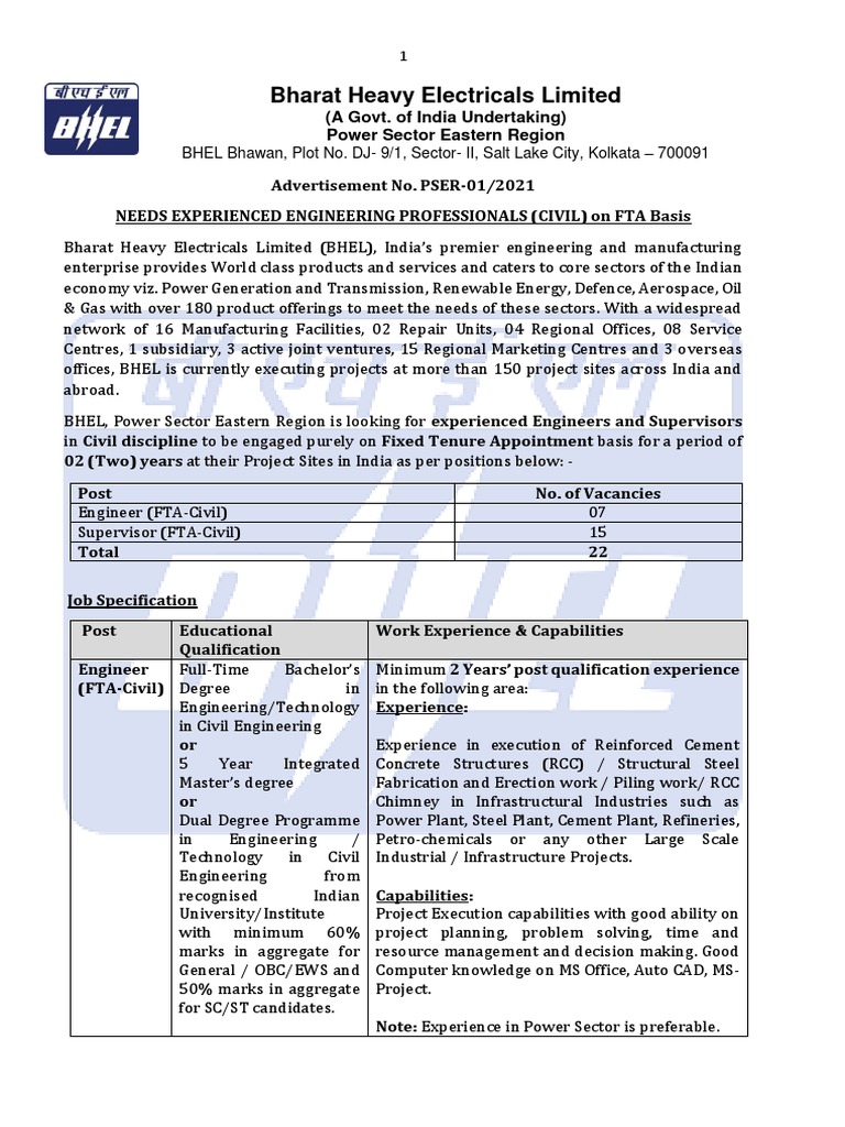 BHEL Recruitment 2021: Engineer & Supervisor 22 Posts | PDF