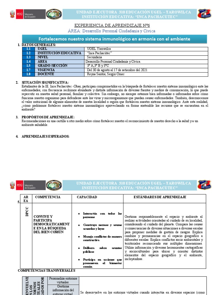 Experiencia de Aprendizaje N°6-Dpcc. | PDF | Aprendizaje | Evaluación