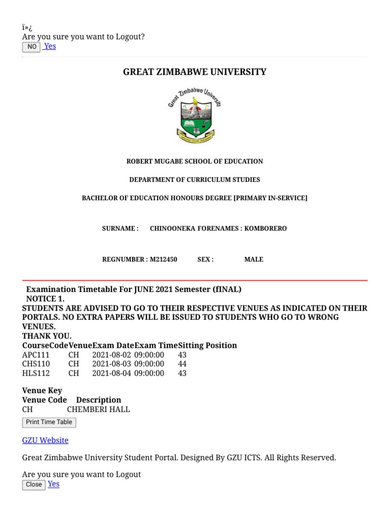 GZU Student Portal Exam Timetable 2021 | PDF