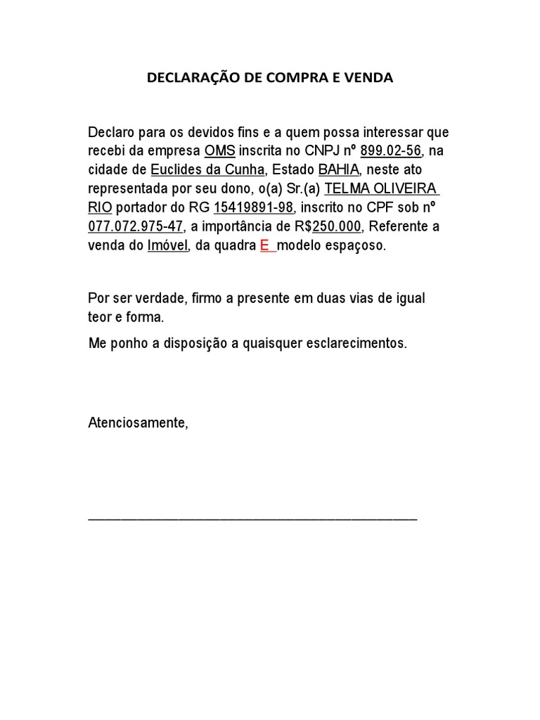 Declaração de Compra e Venda | PDF | Direito | Casa e Jardim