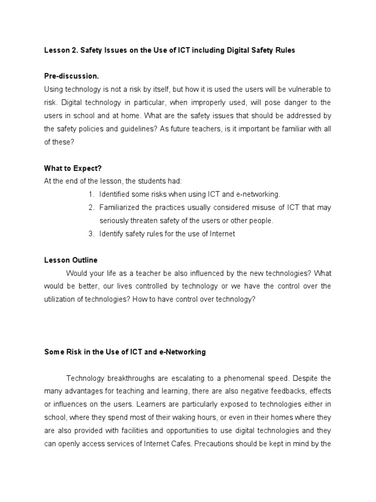 Safety Issues Including Digital Safety Rules | PDF | Educational ...