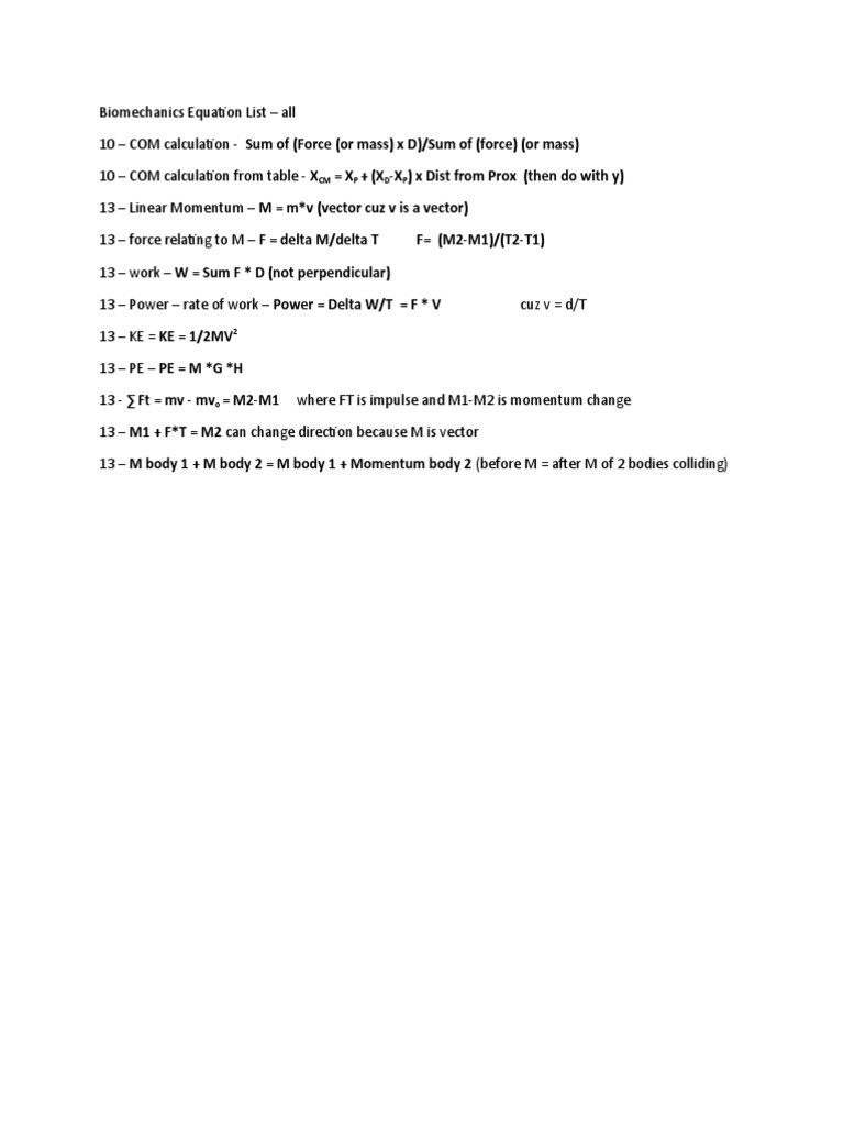 Biomechanics Equation List | PDF | Teaching Methods & Materials