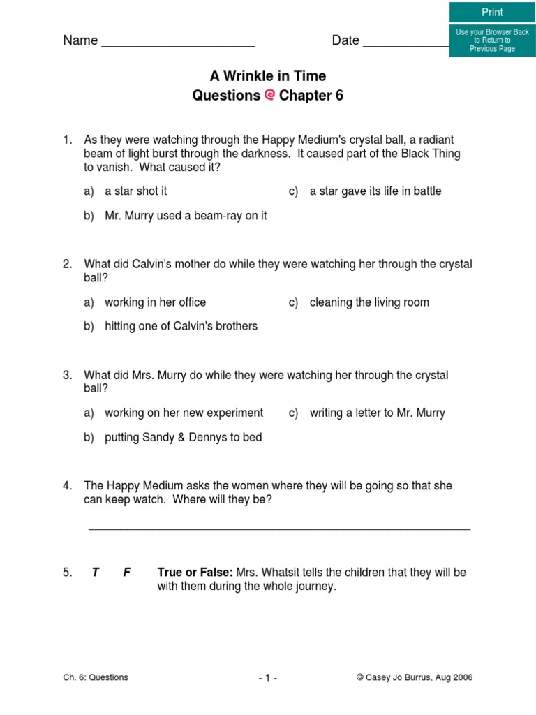 A Wrinkle in Time Questions Chapter 6: Name - Date | PDF