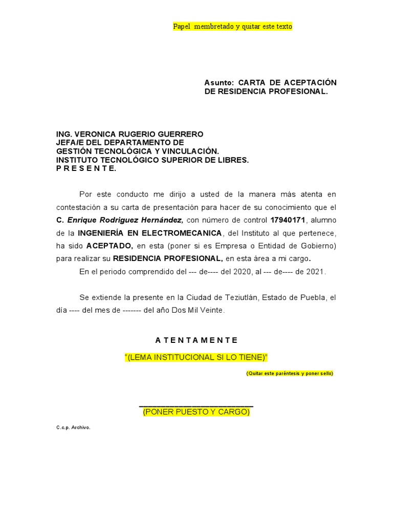 Carta de Aceptacion EJEMPLO | PDF