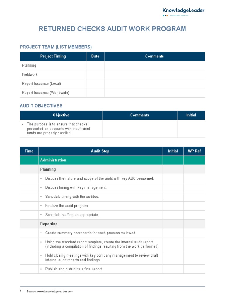 Returned Checks Audit Work Program | PDF | Audit | Auditor's Report