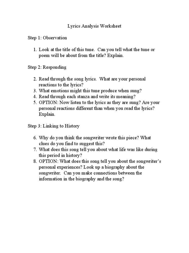 Song Lyrics Analysis Worksheet | PDF