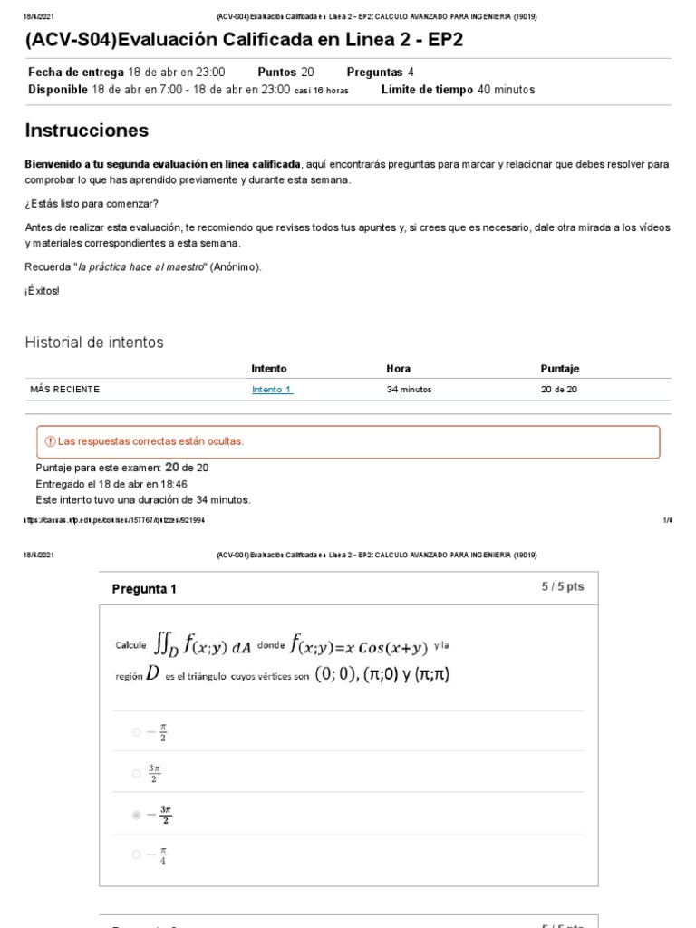 (ACV-S04) Evaluación Calificada en Linea 2 - EP2 - CALCULO AVANZADO PARA INGENIERIA (19019) | PDF