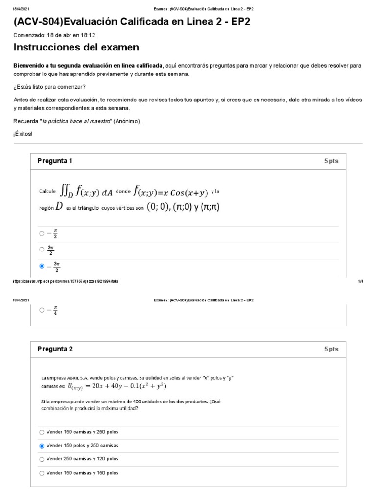Examen - (ACV-S04) Evaluación Calificada en Linea 2 - EP2 | PDF