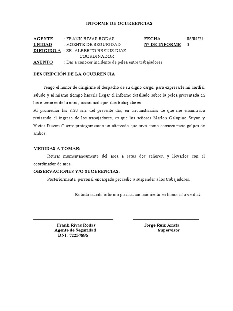 Informe de Ocurrencias 01 | PDF