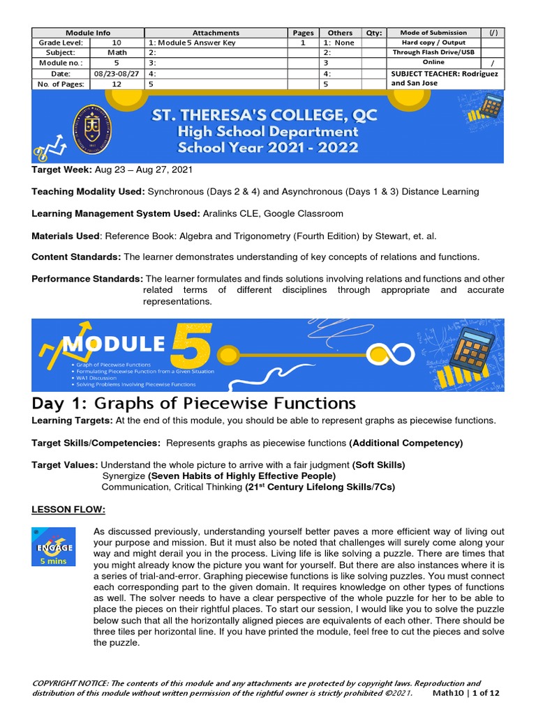Day 1: Graphs of Piecewise Functions: Module Info Attachments Pages ...