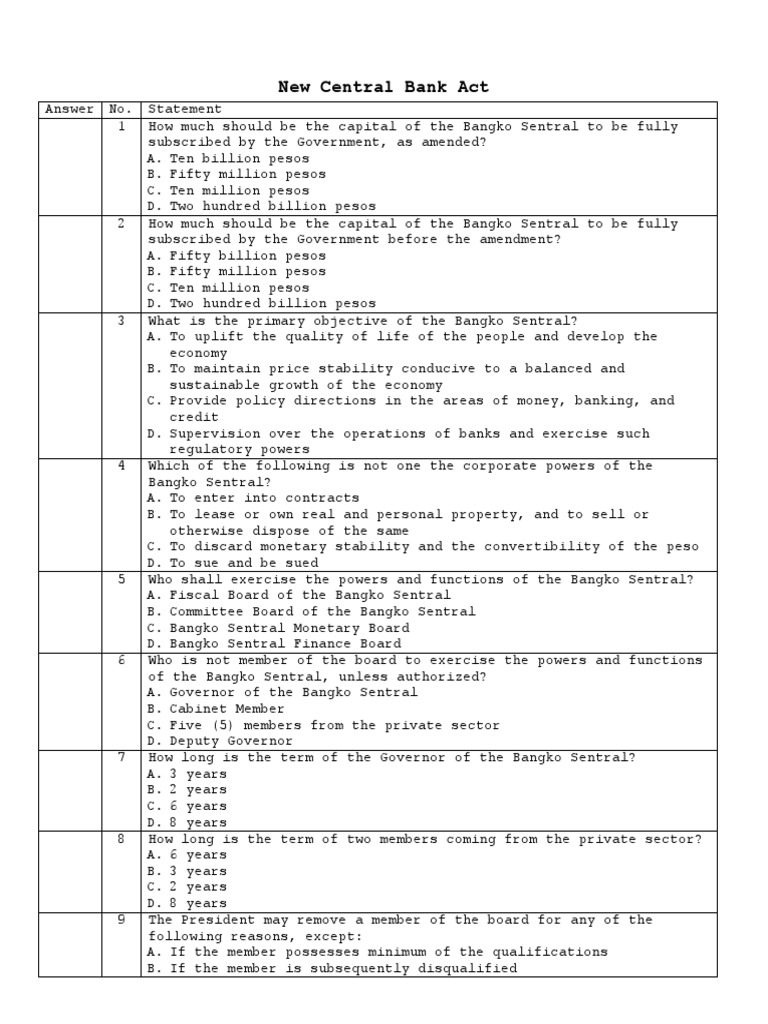 New Central Bank Act - MCQS and Ans | PDF | Money | Banks