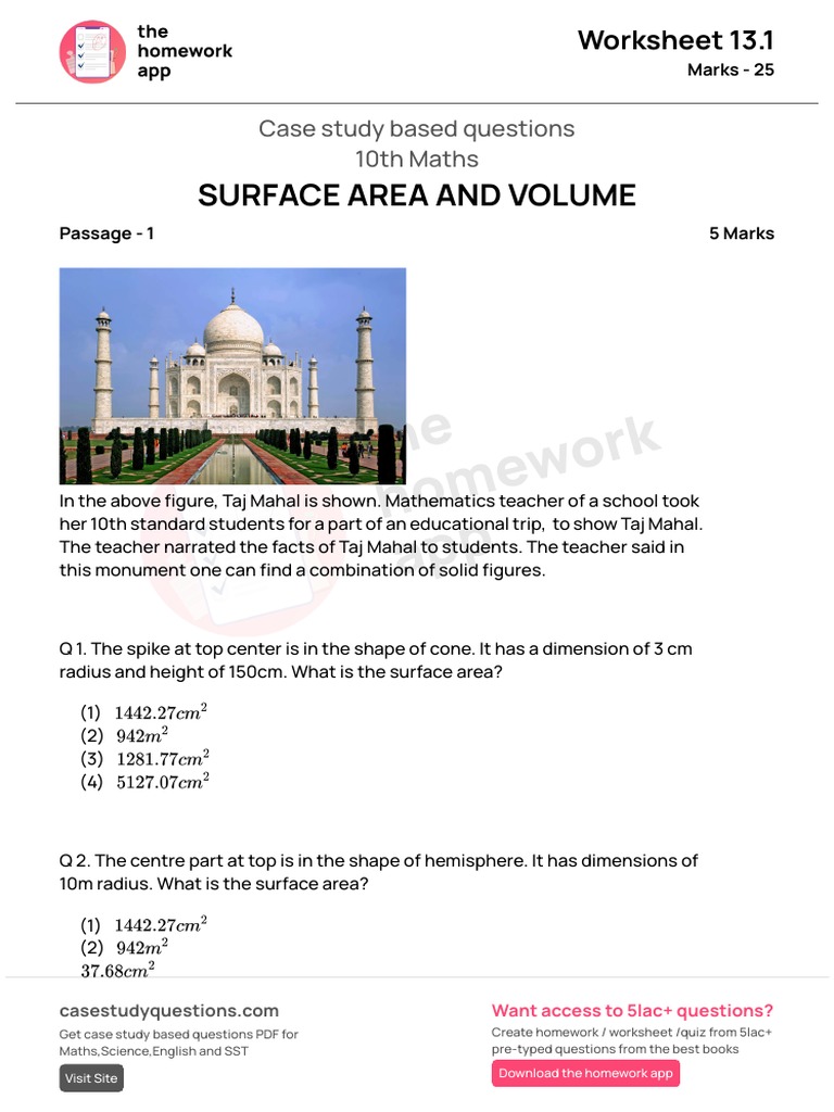 (Worksheet 13.1) - (SURFACE AREA and VOLUME) | PDF | Worksheet | Geometry
