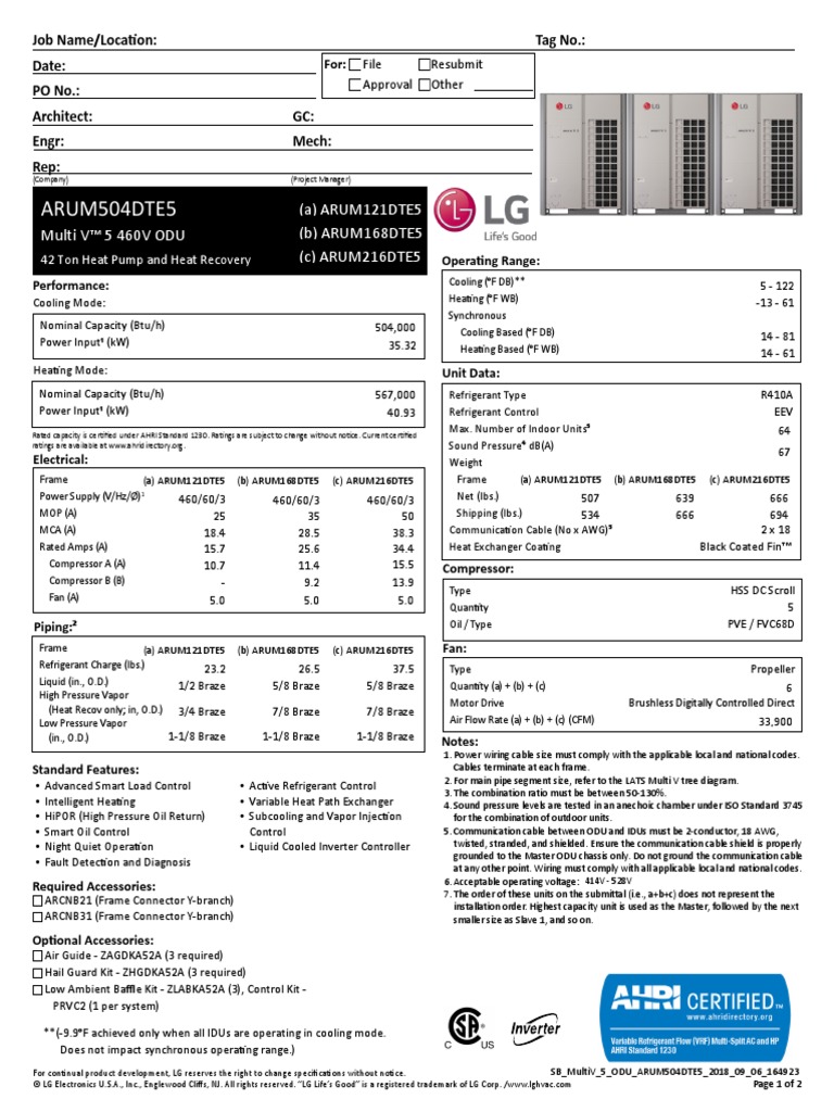 ARUM504DTE5: (A) ARUM121DTE5 (B) ARUM168DTE5 Multi V™ 5 460V ODU (C ...