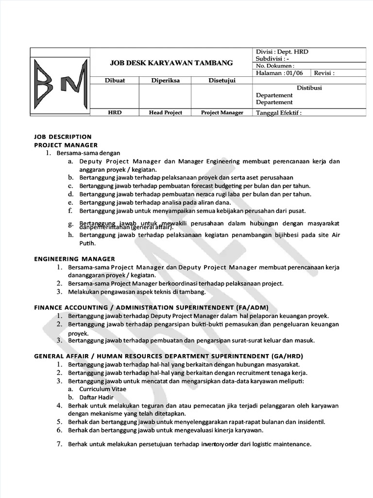 Job Desk Karyawan di Pertambangan | PDF