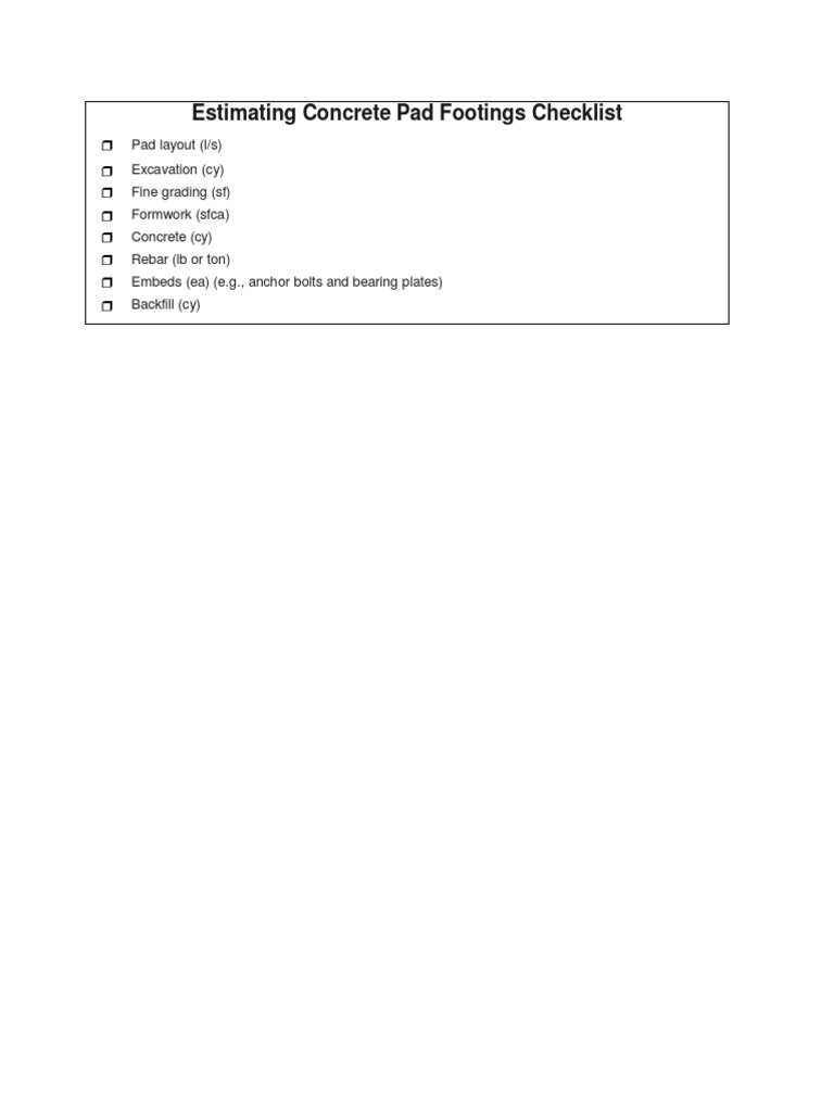 Estimating Concrete Pad Footings Checklist | PDF