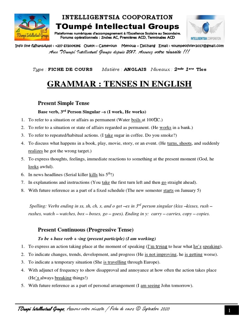 Fiche Cours Anglais | PDF | Perfect (Grammar) | Grammatical Tense