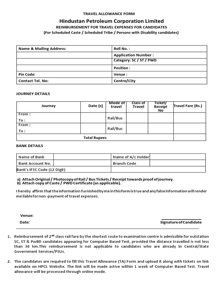 Travel Reimbursement Form HPCL | PDF